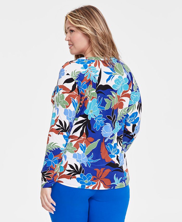 I N C International Concepts Plus Size Floral Print Zip Pocket Blouse