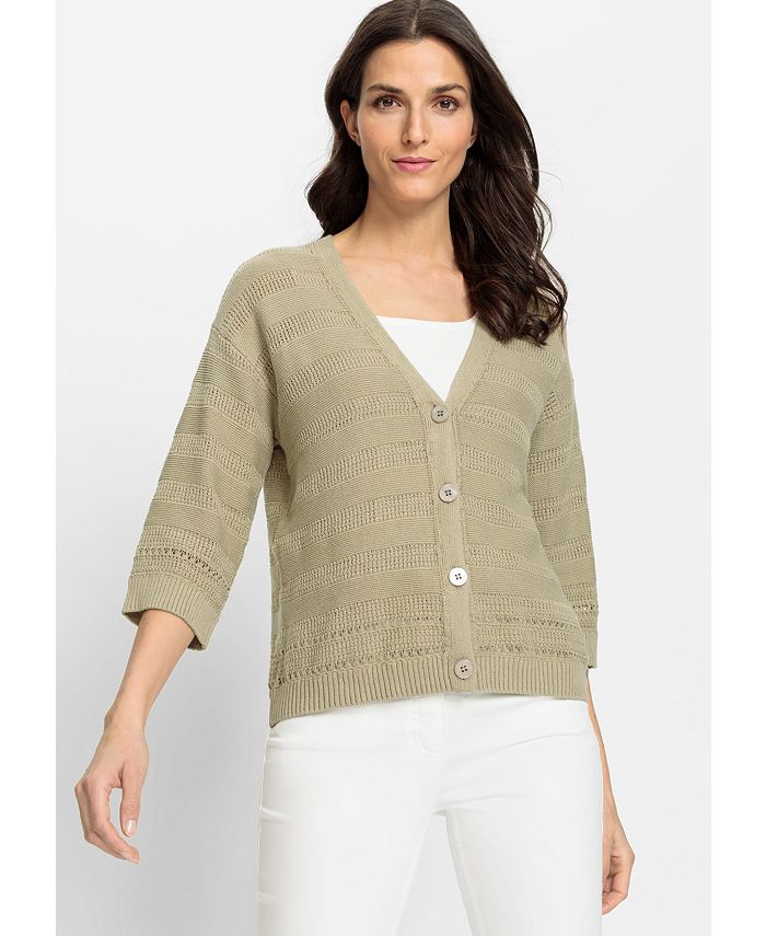 Olsen Women's Cotton Linen Blend 3/4 Sleeve Crochet Stripe Cardigan ...
