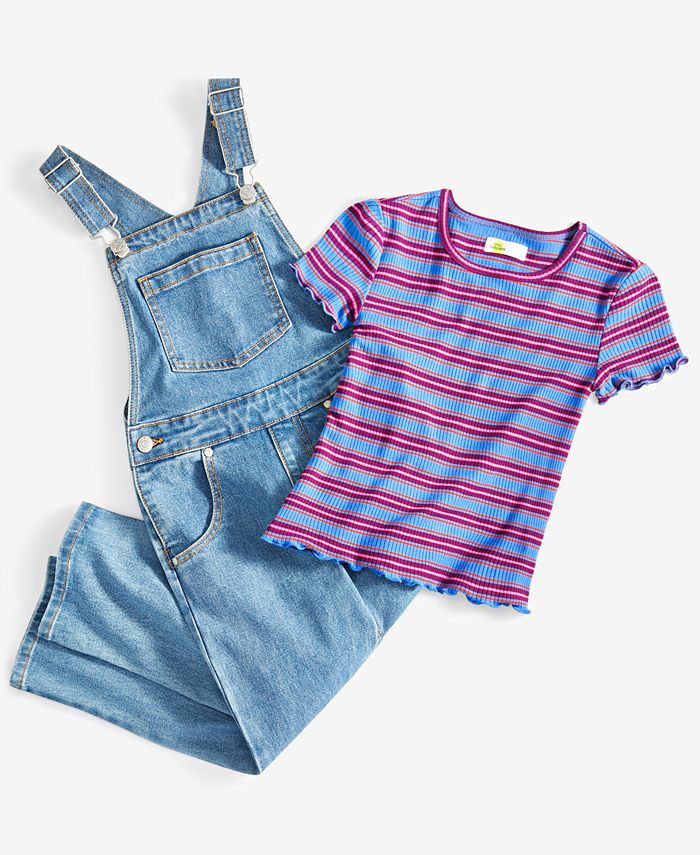 Epic Threads Girls Kensal Denim Overalls & Ribbed Striped T-Shirt ...