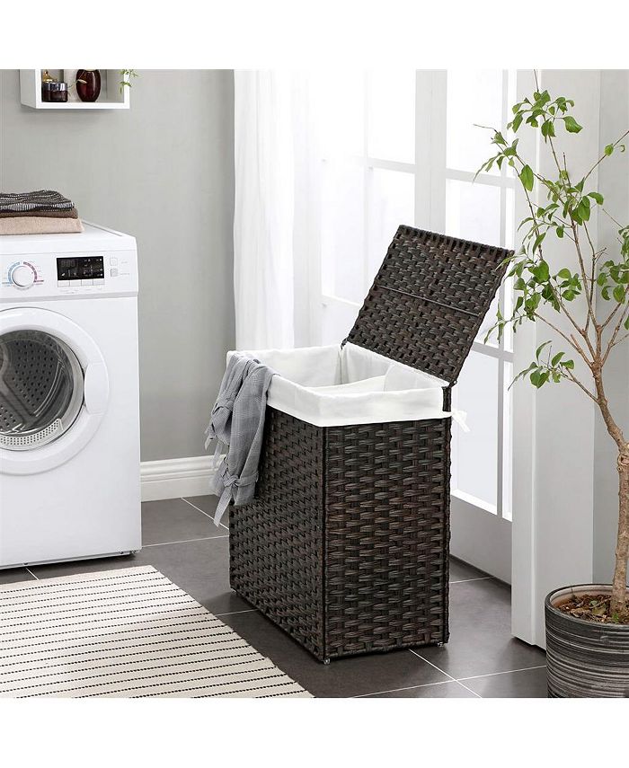 Slickblue Handwoven Divided Laundry Hamper Basket, Synthetic Rattan ...