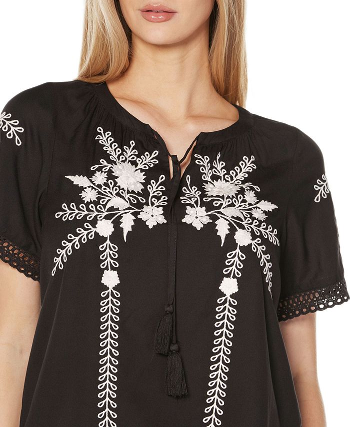 Belldini Women's Embroidered Tie-Neck Peasant Top - Macy's