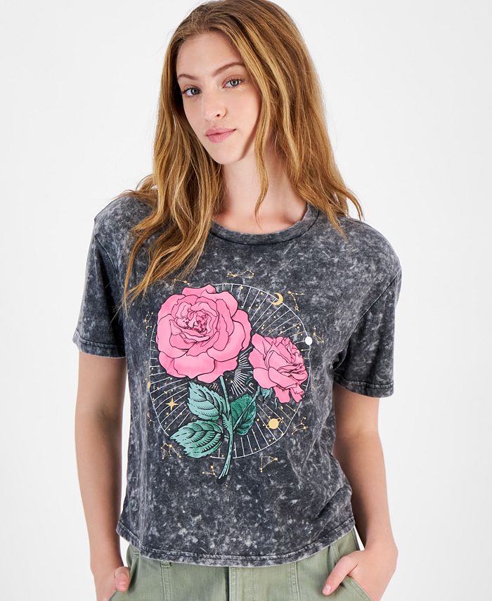 Rebellious One Juniors' Celestial Rose-Graphic Crewneck T-Shirt - Macy's