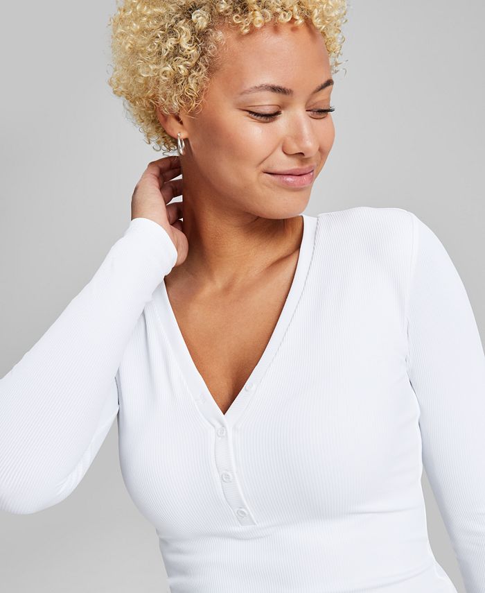 And Now This Women's Ribbed Henley-Neck Long-Sleeve Top, Created for ...