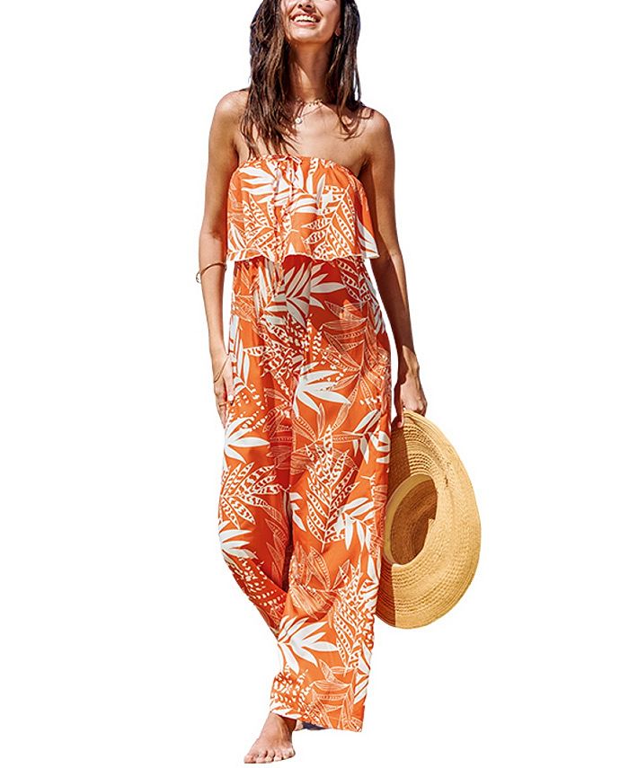 CUPSHE Women's Orange Tropical Leaf Flounce Bodice Tube Top Jumpsuit ...
