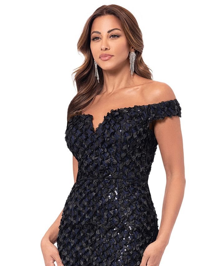 XSCAPE Women's 3D Sequin Off-The-Shoulder Gown - Macy's