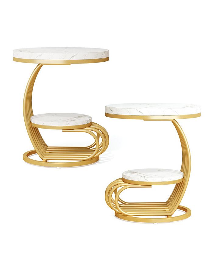 Tribesigns Gold Round End Table: 2 Tiers Side Table Set of 2 with ...