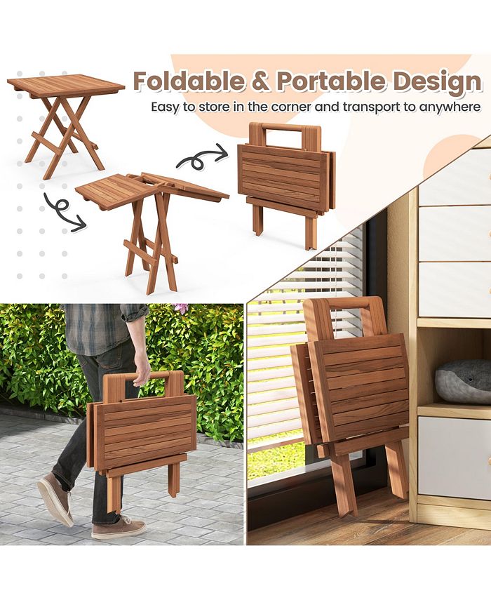 Gymax 2 Pieces Indonesia Teak Wood Folding End Table Square Side Table ...