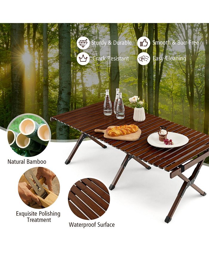 Gymax Portable Folding Bamboo Camping Table w/ Carry Bag Outdoor ...