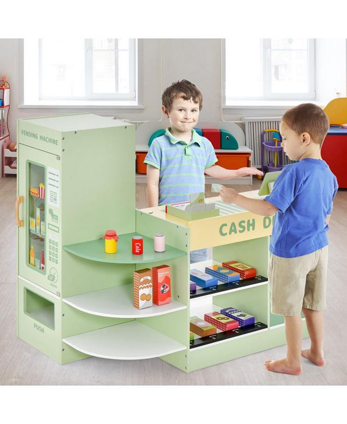 Slickblue Kids Wooden Supermarket Play Toy Set with Checkout Counter ...