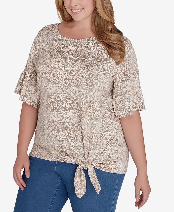 Ruby Rd. Plus Size Medallion Puff Print Tied T-Shirt - Macy's