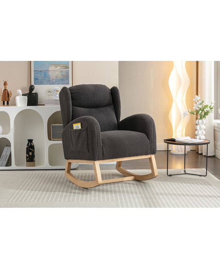 Simplie Fun Teddy Fabric Rocking Chair With Packet Wood Legs, Dark Gray ...