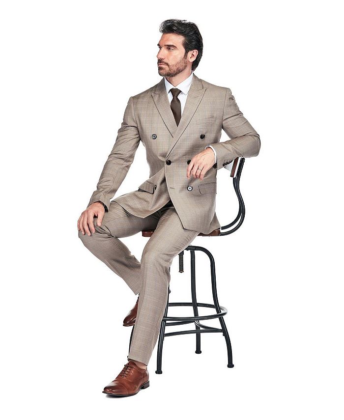 Gino Vitale Men's 2 Piece Slim Fit Brown Check Double Breasted Suit ...