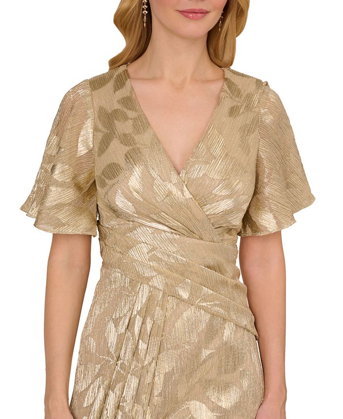 Adrianna Papell Petite Surplice-Neck Foil Leaf Draped Gown - Macy's