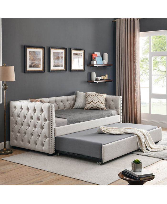 Simplie Fun Upholstered Daybed with Trundle, Button and Copper Nail ...