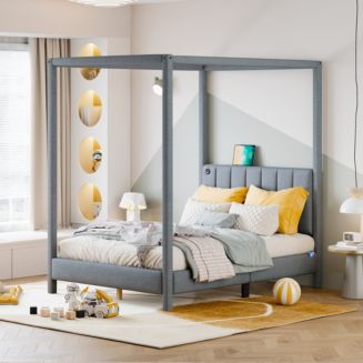 Full Size Canopy Platform Bed With USB And Type C Ports, Canvas - Macy's