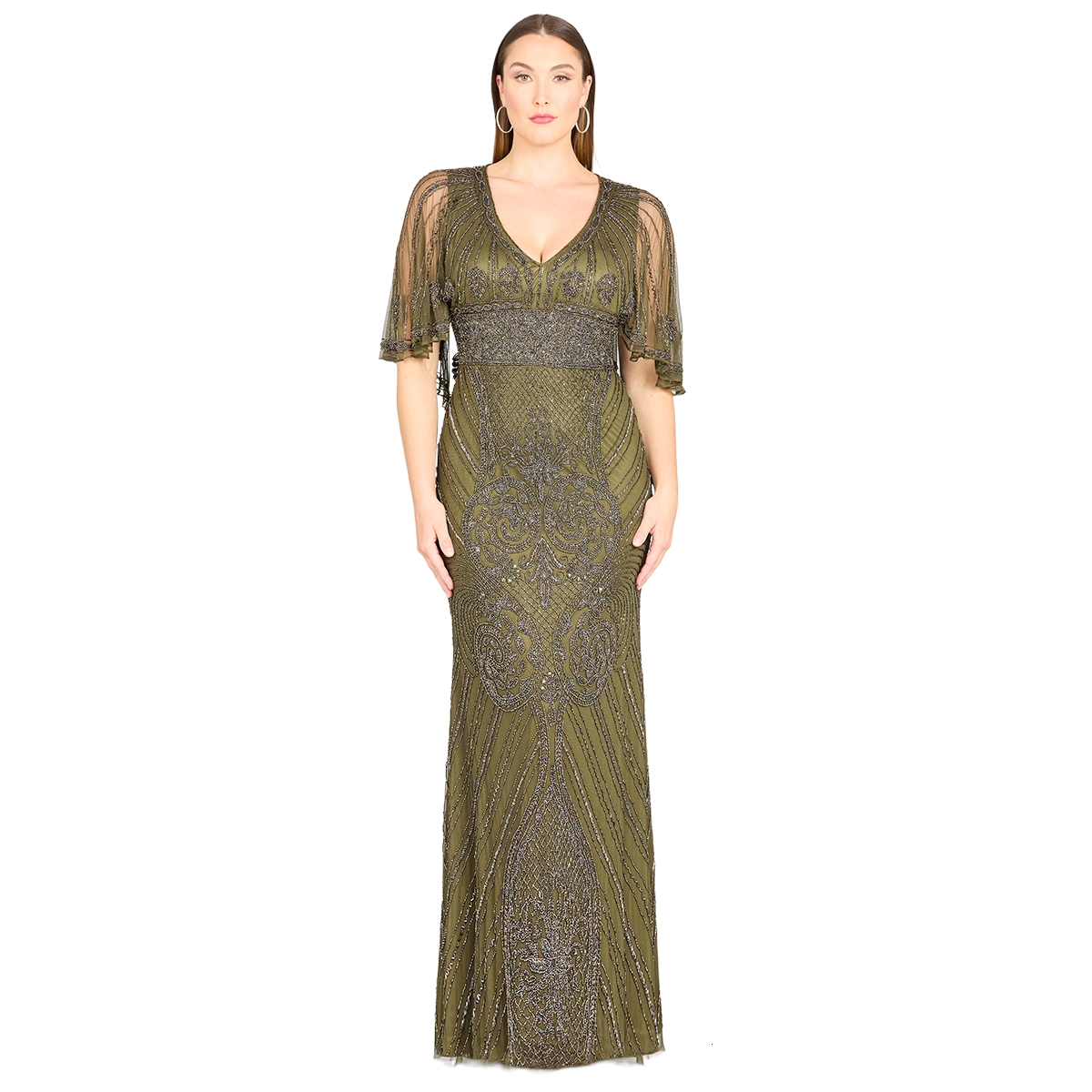 Click here for Lara Womens Cape Sleeve V-Neck Beaded Gown - Olive prices
