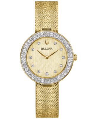 Bulova Women's Crystal Gold-Tone Stainless Steel Mesh Bracelet Watch ...