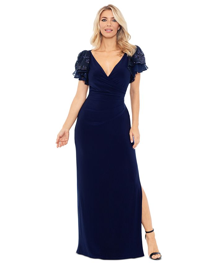Betsy And Adam Womens Sequin Sleeve Surplice Neck Gown Macys