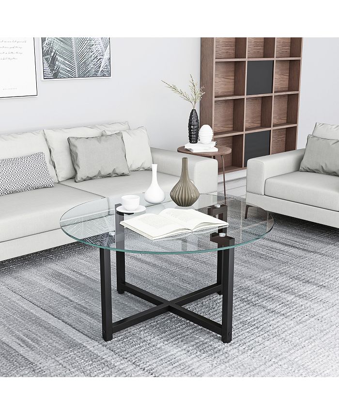 Simplie Fun Round Transparent Glass+ Leg Coffee Table, Clear Coffee ...