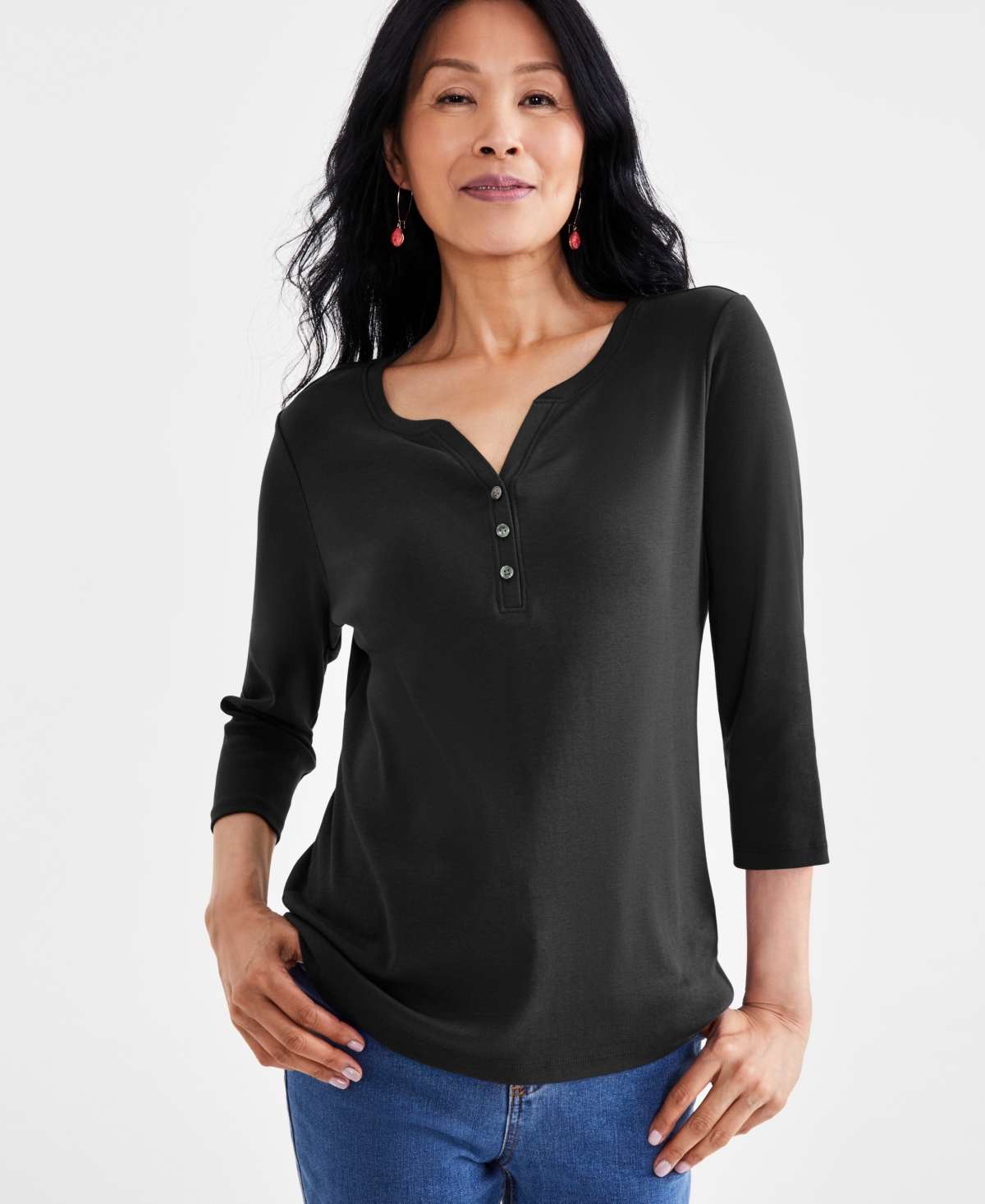 Click here for Style & Co Womens Cotton 3/4-Sleeve Henley Tee  Cr... prices