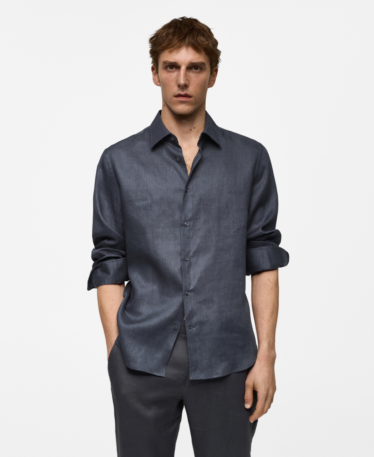 Click here for Mango Mens Linen Shirt - Night Blue prices