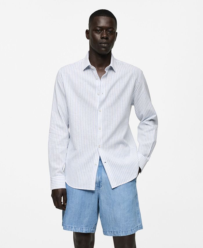 MANGO Men's Regular-Fit Striped Cotton-Linen Shirt - Macy's