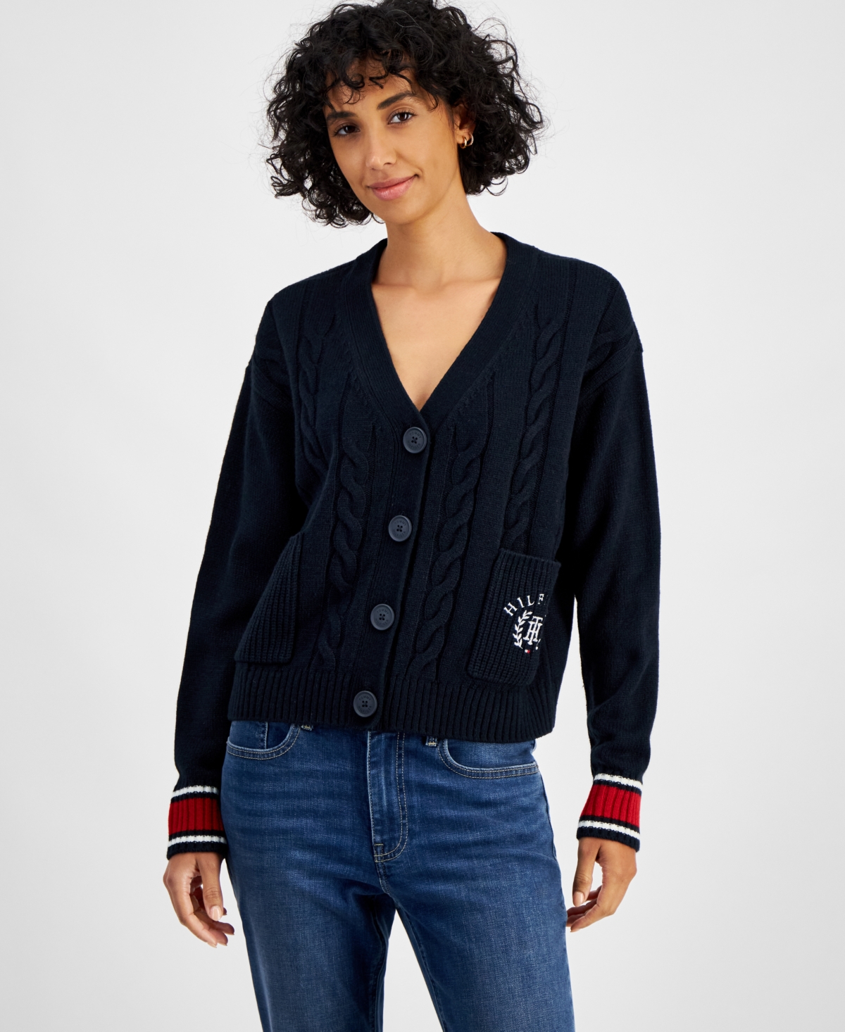 Click here for Tommy Hilfiger Womens Cable-Knit Varsity Cardigan... prices