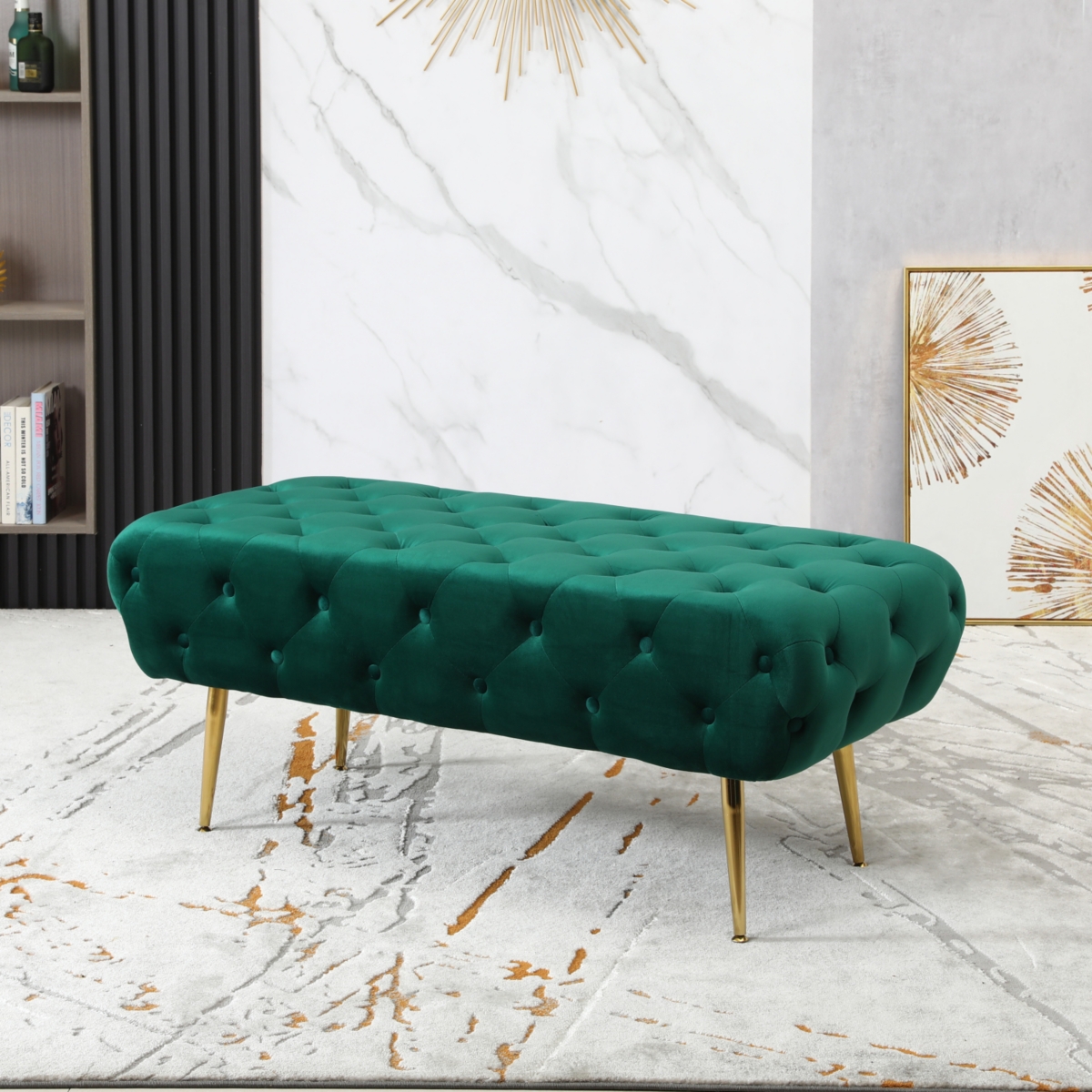 Click here for Velvet Button Tufted Bench with Gold Metal Legs  G... prices