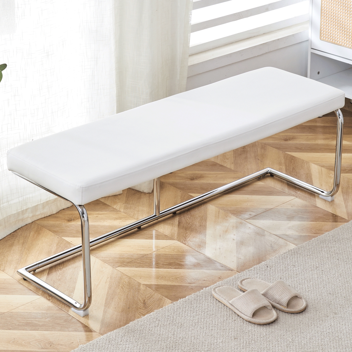Click here for Versatile White Leather Bench with Silver Metal Le... prices