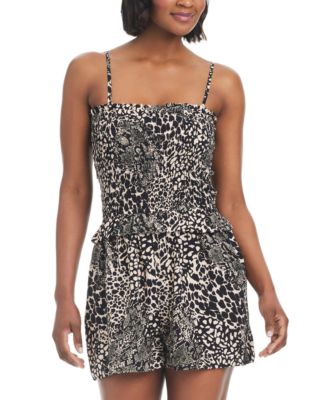 Bar III Women's Printed Smocked-Top Cover-Up Romper, Created for Macy's ...