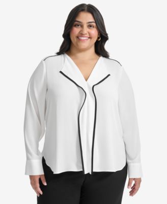 DKNY Plus Size Contrast-Trim Long-Sleeve Blouse - Macy's