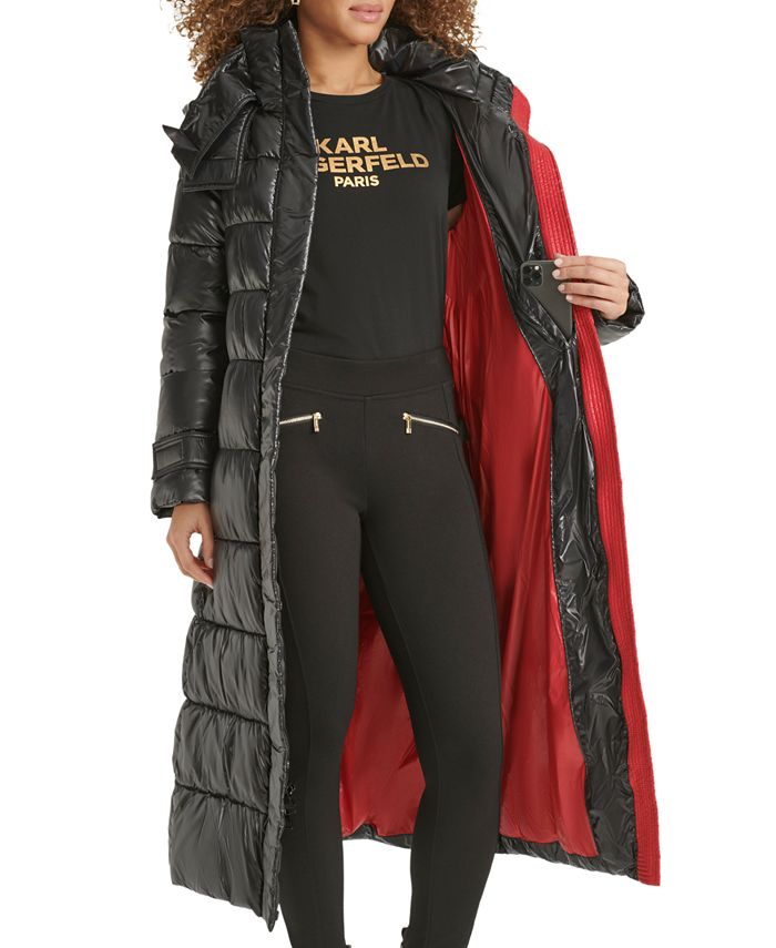 KARL LAGERFELD PARIS Karl Lagerfeld Womens Shine Hooded Belted Puffer ...