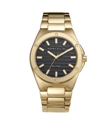 PERRY ELLIS Men's Solar Powered Gold Tone Embossed Dial Screw Bezel ...