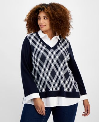 Tommy Hilfiger Plus Size Diamond Argyle 2fer Sweater - Macy's