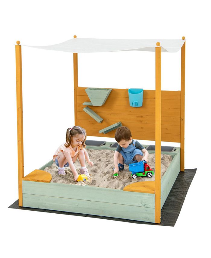 Slickblue Kids Sandbox with Sand Wall w/ Removable Canopy for Kids 3-8 ...