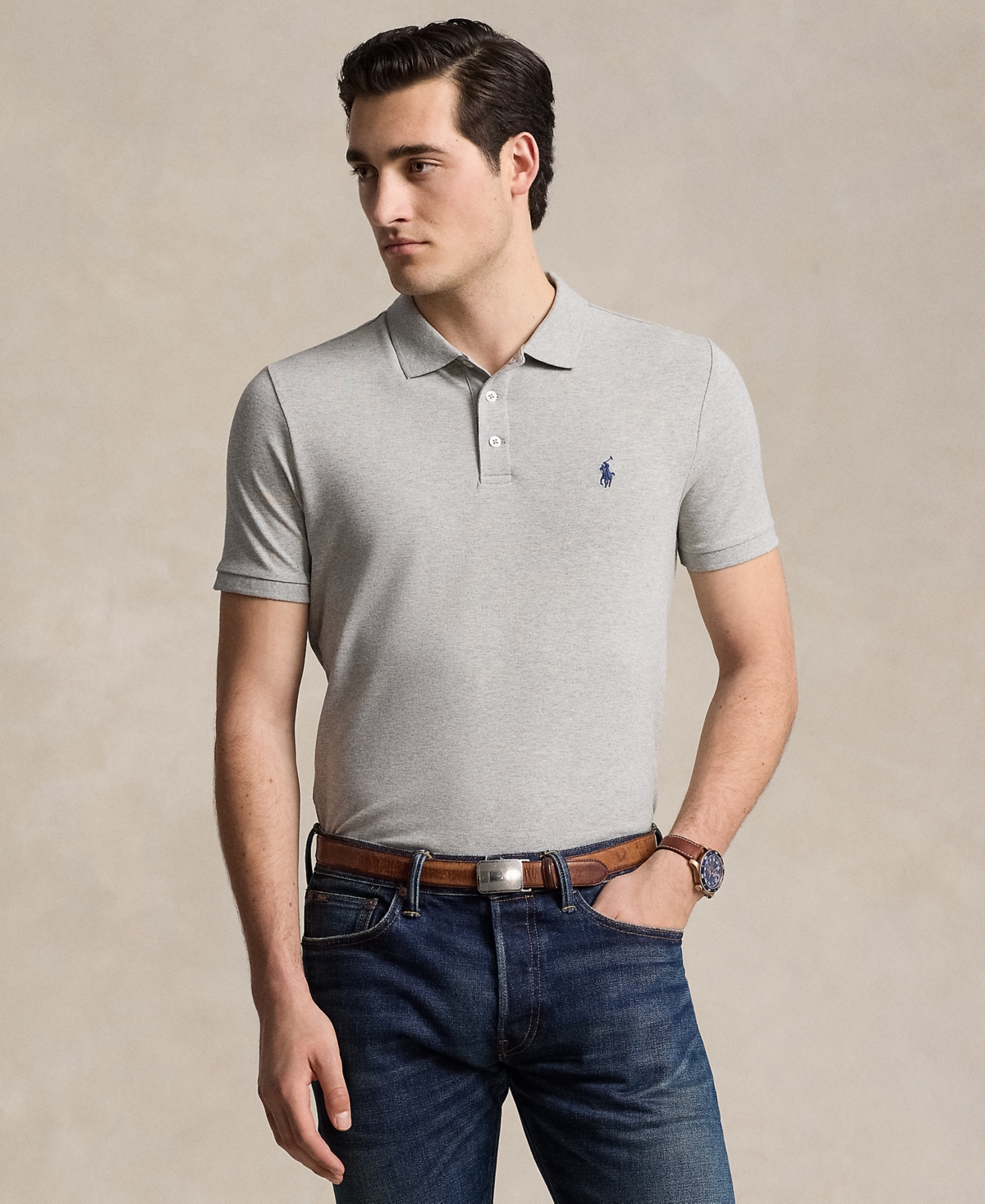 Polo Ralph Lauren Mens Classic-Fit Stretch Mesh Polo Shirt - Andover Heather