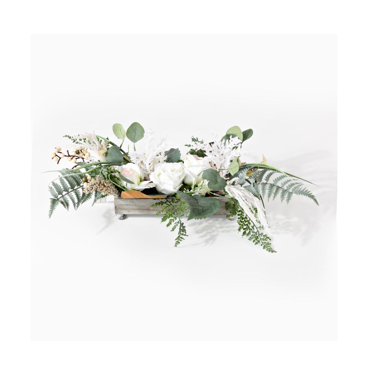 Faux 10 Inch Rose & Fern Potted Arrangement - Green