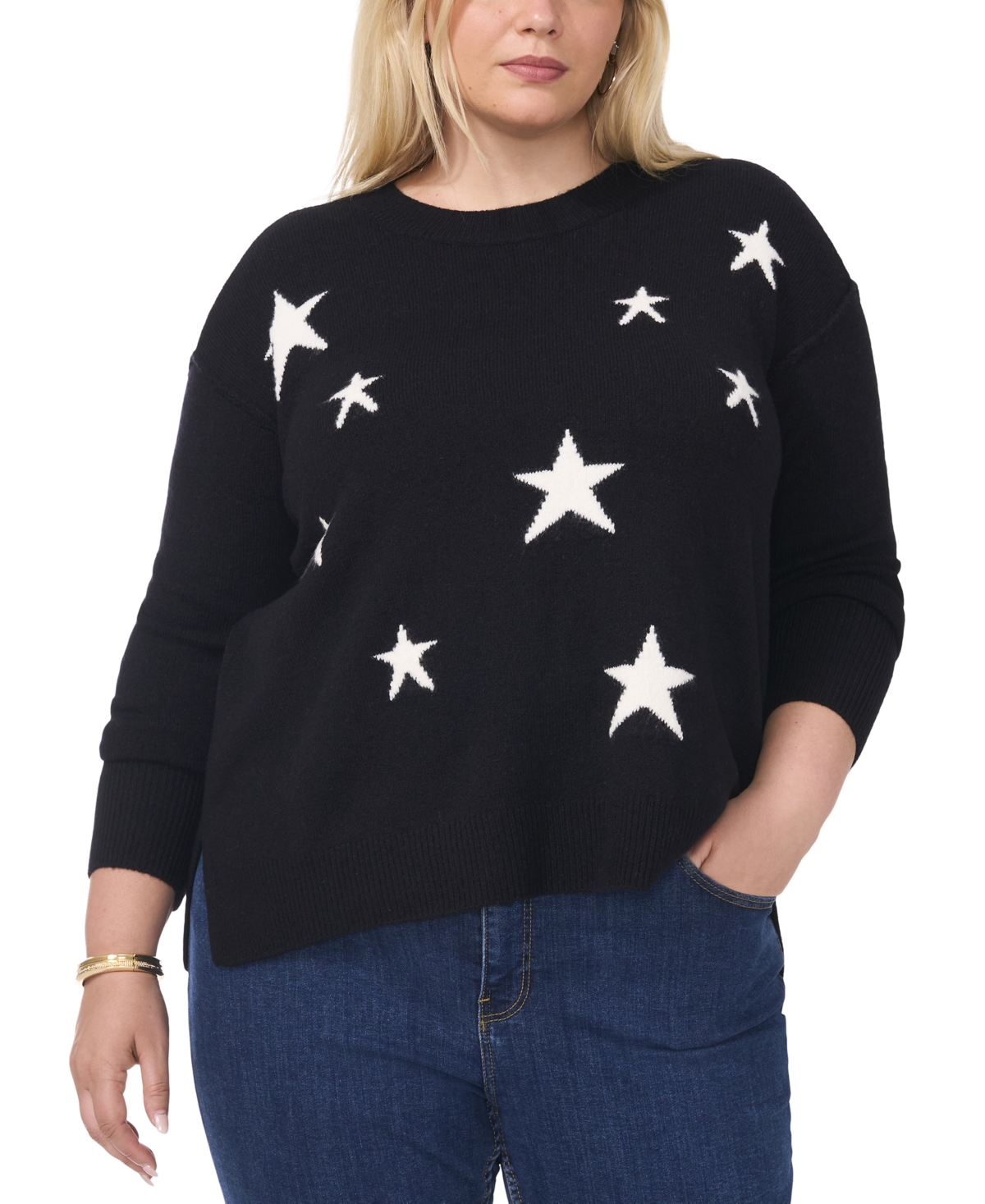 Click here for Vince Camuto Plus Size Cozy Crewneck Star-Print Dr... prices