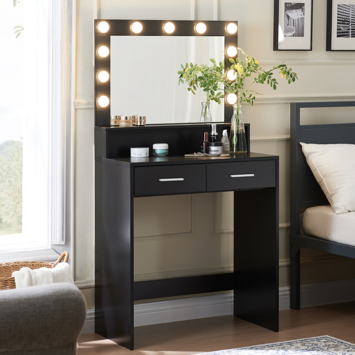 Click here for Vanity Desk with Mirror  Light  and Storage - Blac... prices