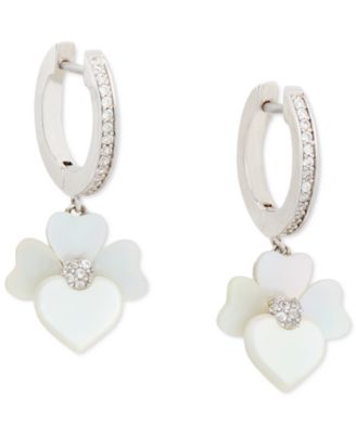 Silver Tone Pave Mother of Pearl Flower Charm Hoop Earrings