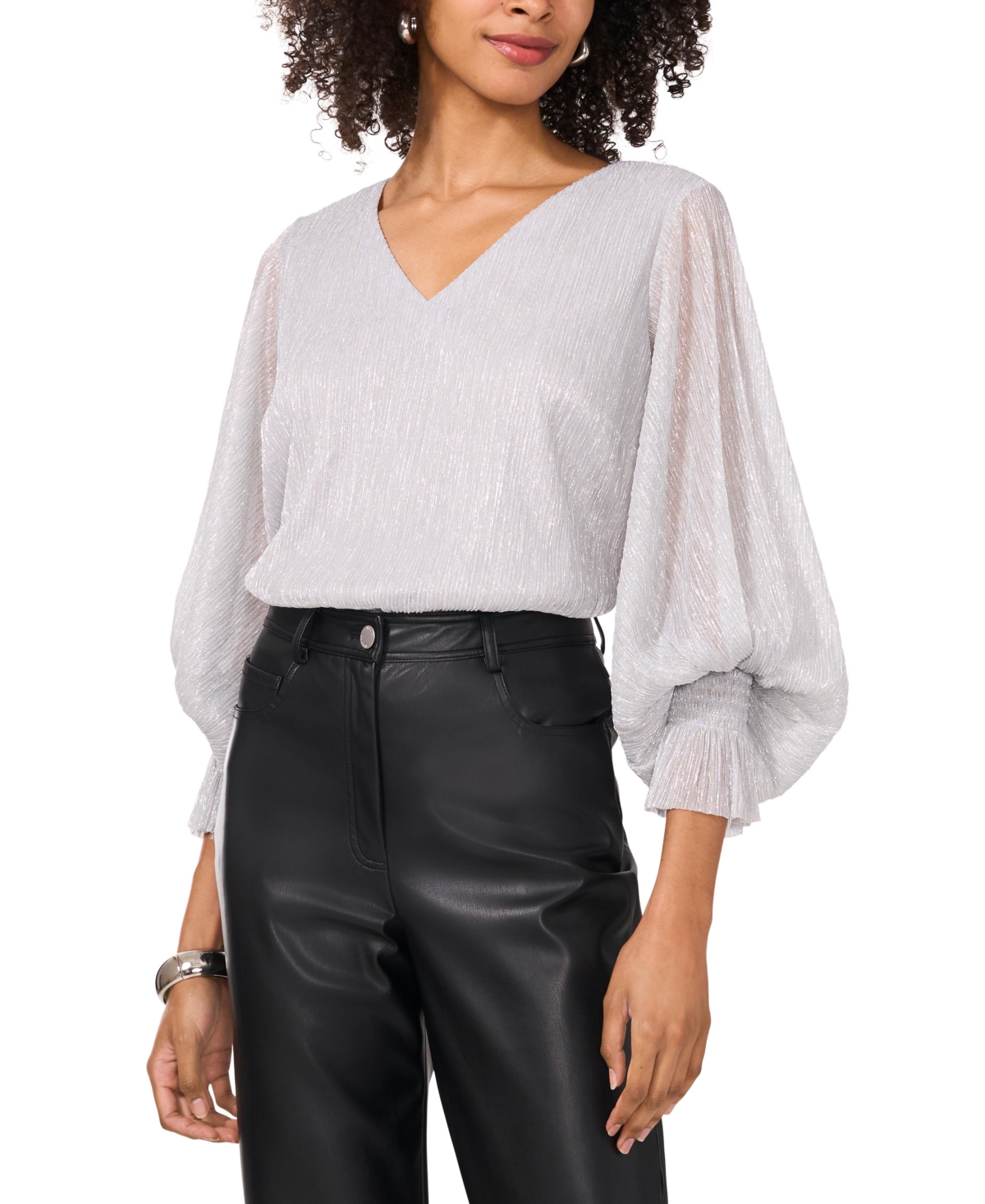 Click here for Vince Camuto Womens Metallic V-Neck Sheer-Sleeve T... prices