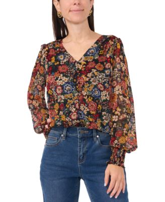 Sam & Jess Petite V-Neck Smocked-Trim Long-Sleeve Top - Macy's