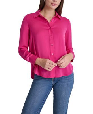DKNY Jeans Petite Buttoned-Cuff Fold-Collar Blouse - Macy's
