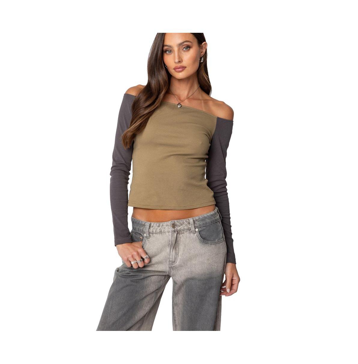 Click here for Edikted Womens Contrast Off Shoulder Top - Olive prices