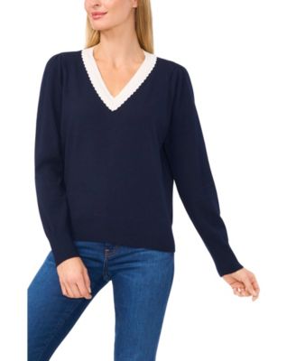 CeCe Women's Contrast Collar V-Neck Sweater - Macy's