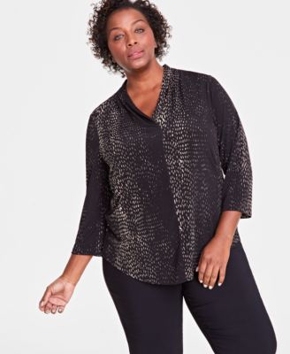 JM Collection Plus Size Printed V-Neck 3/4-Sleeve Top, Created for Macy ...