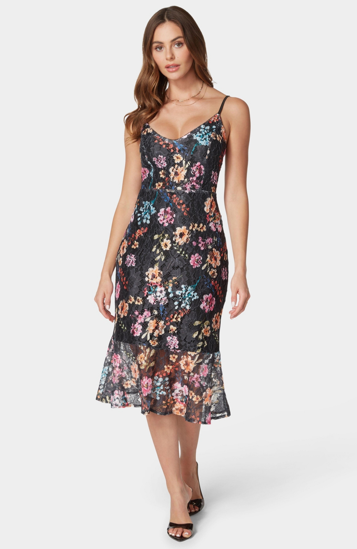 Click here for Bebe Womens Printed Lace Midi Dress - Black/multi prices