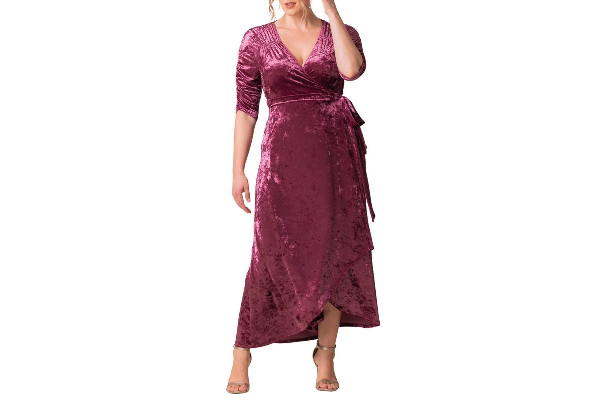 Click here for Kiyonna Plus Size Cara Velvet High Low Long Wrap D... prices