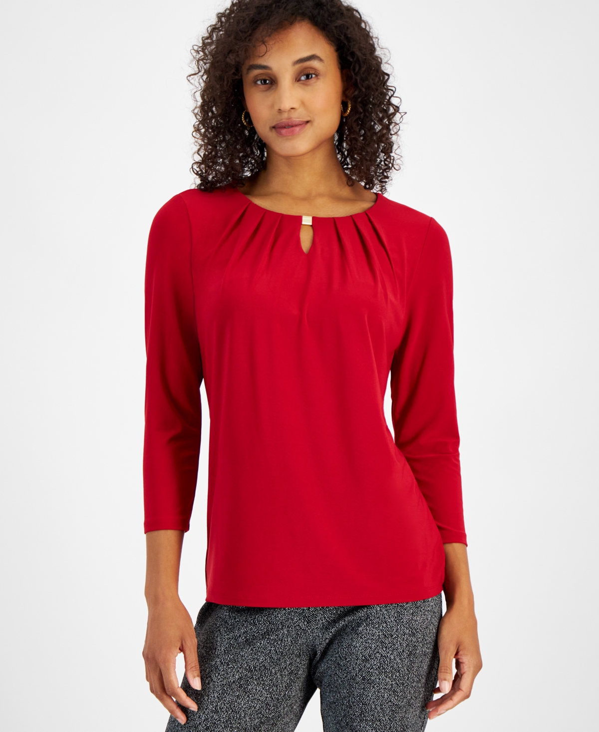 Click here for Kasper Womens Pleat-Neck 3/4-Sleeve Blouse - Fire... prices