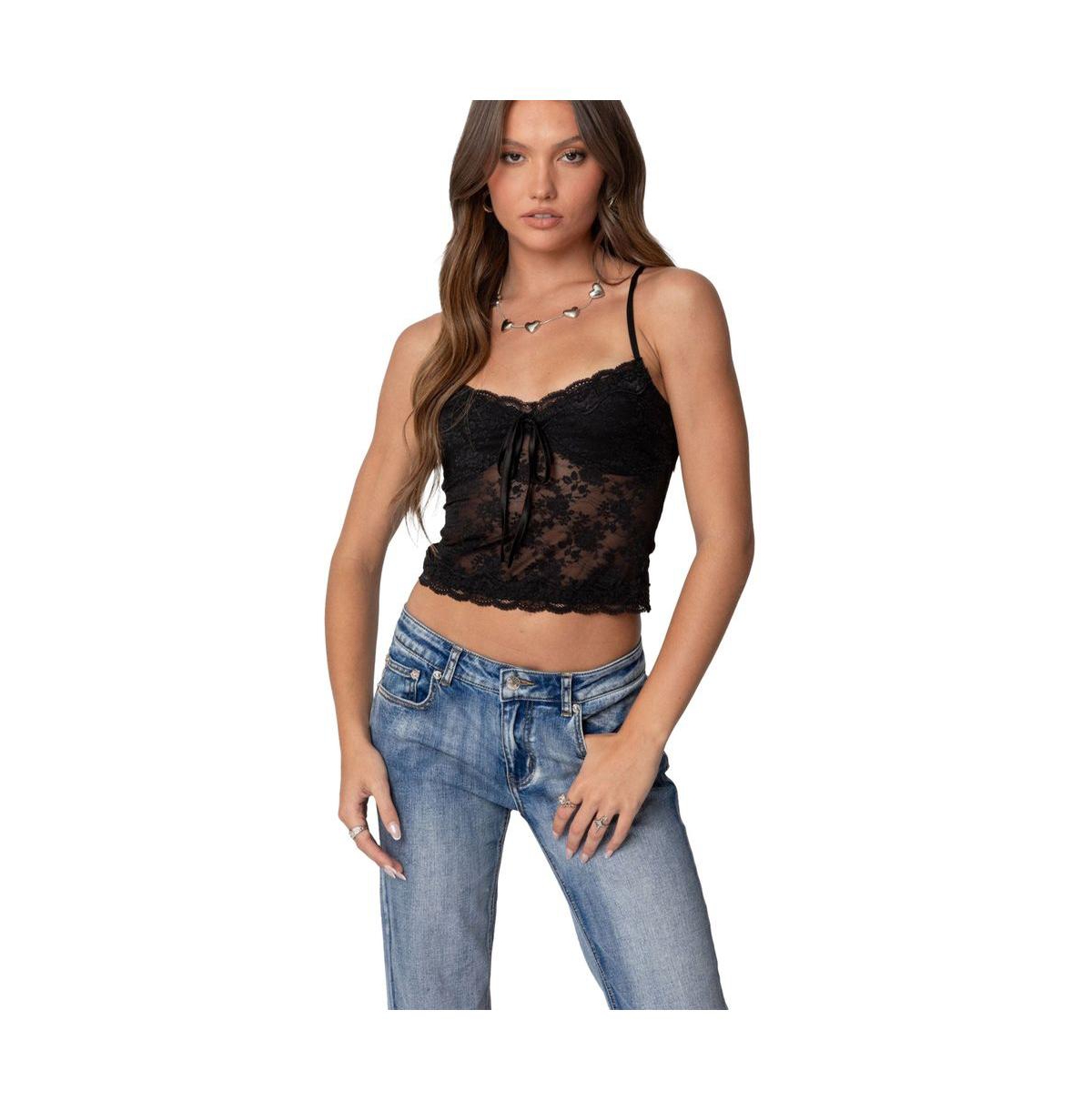 Click here for Edikted Womens Cami Sheer Lace Tank Top - Black prices